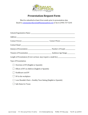 Fillable Online humanoptions Presentation Request Form - Human Options ...