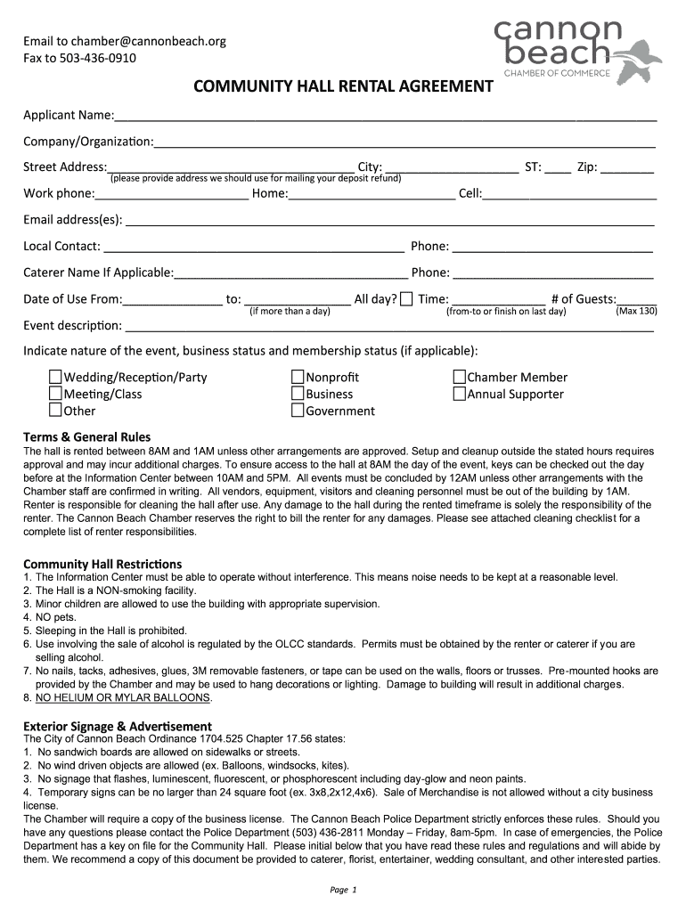 Fillable Online cannonbeach Community Hall Rental Agreement Community ...