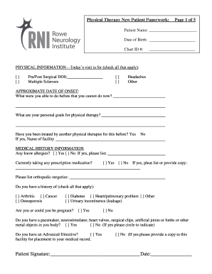Fillable Online Physical Therapy New Patient Paperwork - Rowe Neurology ...
