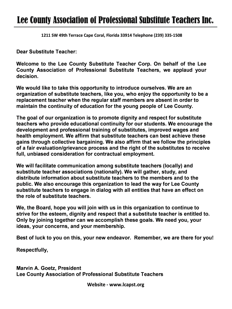 Fillable Online lcapst Dear Substitute Teacher - Lee County Association ...