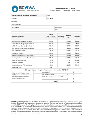 Fillable Online bcwwa Onsite Registration Form 2016 Annual Conference amp Trade Show Fax Email ...