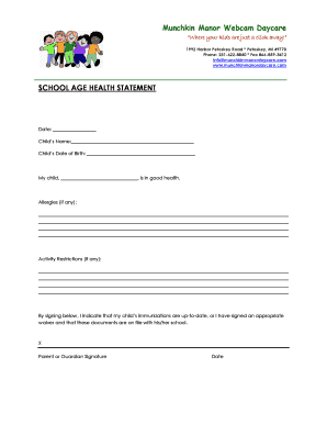 Fillable Online School age health statement - Munchkin Manor Daycare ...