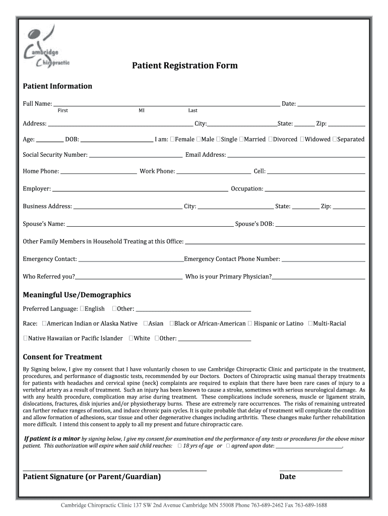 Fillable Online Patient Registration Form - Cambridge Chiropractic ...