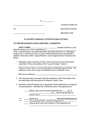 Fillable Online PLAINTIFFS ORIGINAL PETITION FOR EVICTION TO THE Fax ...