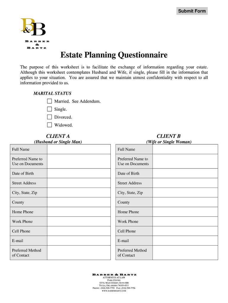 Fillable Online Estate Planning Questionnaire - Barber and Bartz Fax Email Print - pdfFiller