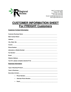 Fillable Online regionalaccess CUSTOMER INFORMATION SHEET For FREIGHT ...