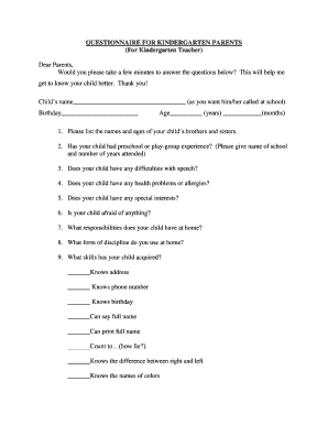 Fillable Online QUESTIONNAIRE FOR KINDERGARTEN PARENTS For Kindergarten ...