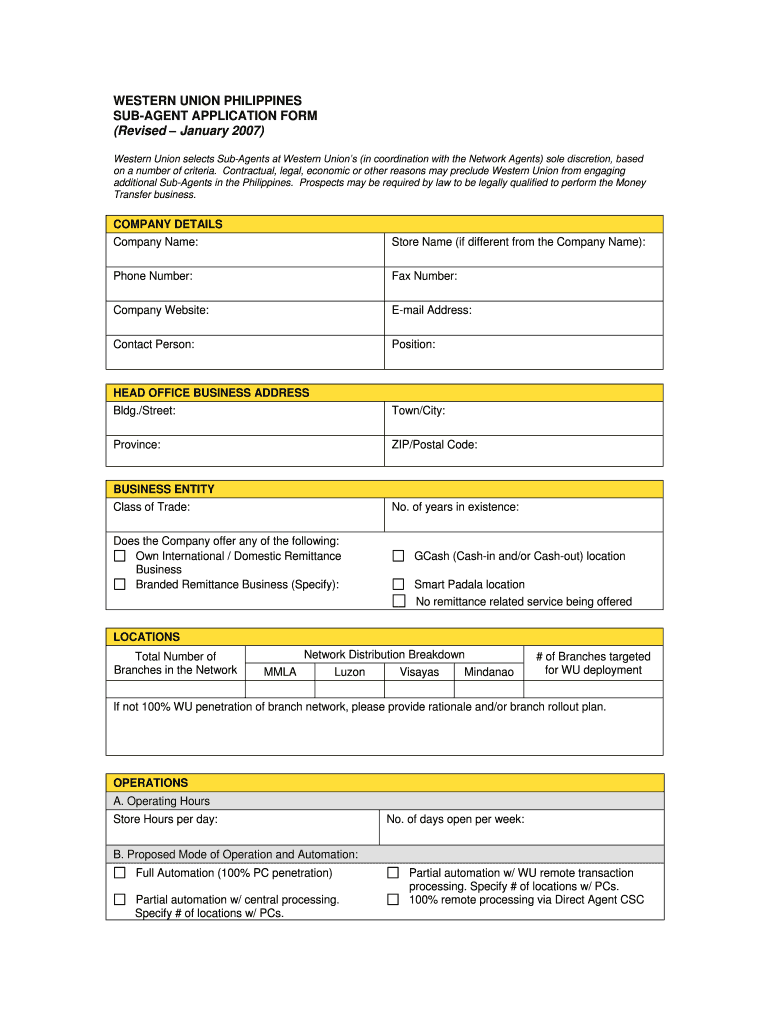 Western Union Philippines Sub-Agent Application Form - Blank Fillable ...