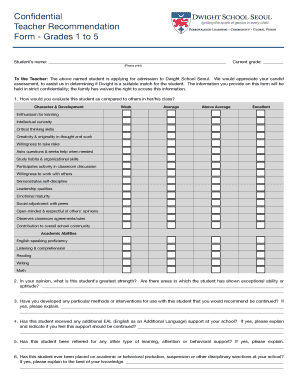 Fillable Online dwight or Teacher Recommendation Form Grade 1-5 NEW Fax Email Print - pdfFiller