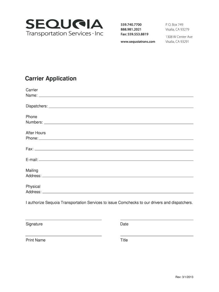 Fillable Online Carrier Application - Sequoia Trans Fax Email Print ...