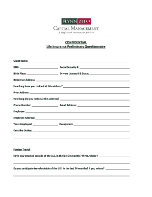Fillable Online Life Insurance Preliminary Questionnaire Fax Email ...