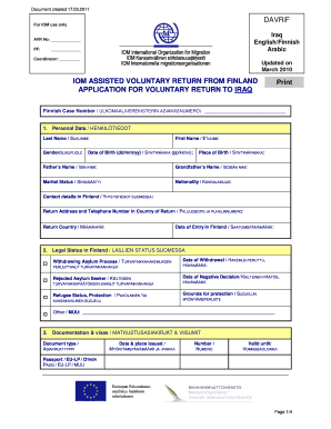 Fillable Online vapaaehtoinenpaluu IOM DAViF IRAQ Application ...