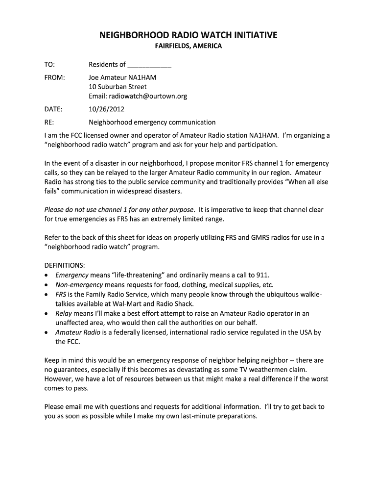 Fillable Online epa-arrl Neighborhood radio watch initiative - simple ...