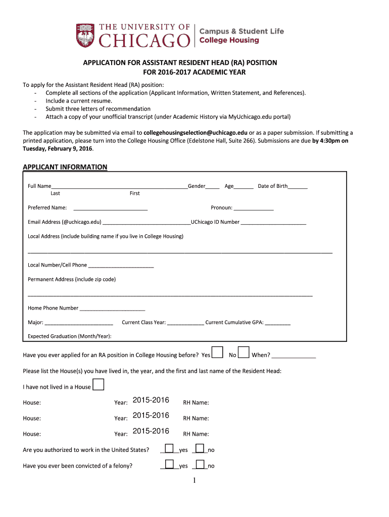 Fillable Online housing uchicago 2016-17 RA Application FINAL Fax Email ...