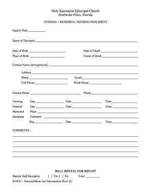 Fillable Online holysacrament Please click here for the Funeral ...