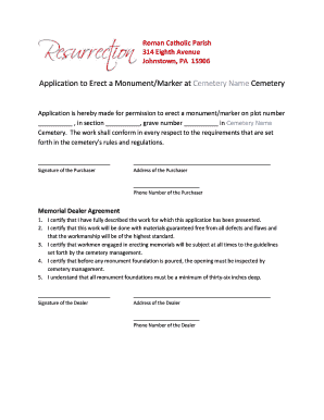 Fillable Online Application to Erect a Monument/Marker at Cemetery Name ...
