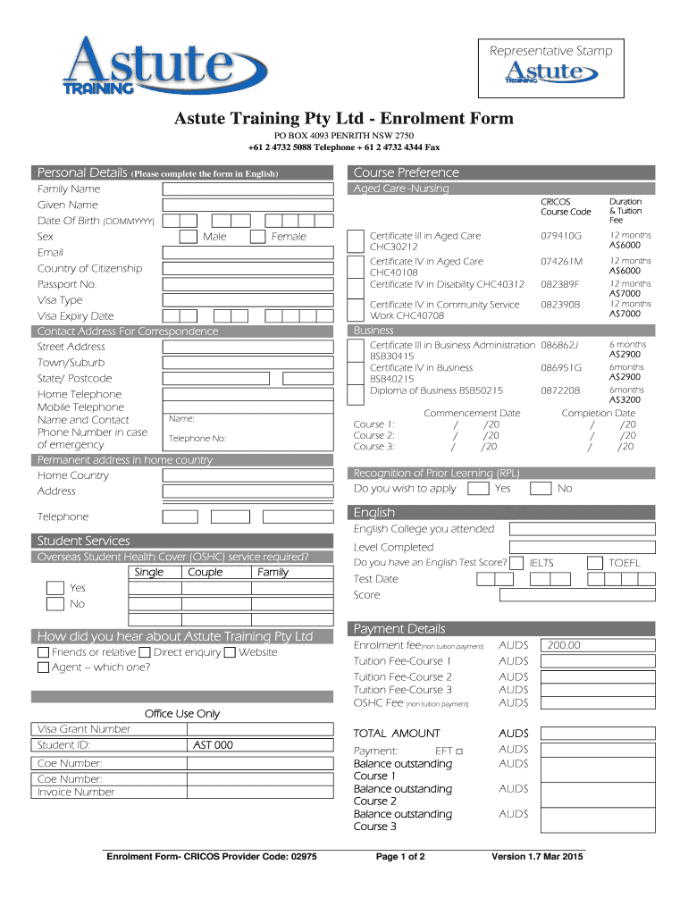 Fillable Online Astute Training Pty Ltd - Enrolment Form Fax Email Print - pdfFiller