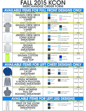 Fillable Online FALL 2015 KCON MERCHANDISE ORDER FORM AVAILABLE ITEMS ...