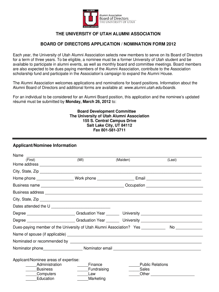 Fillable Online BOARD OF DIRECTORS APPLICATION NOMINATION FORM 2012 Fax ...