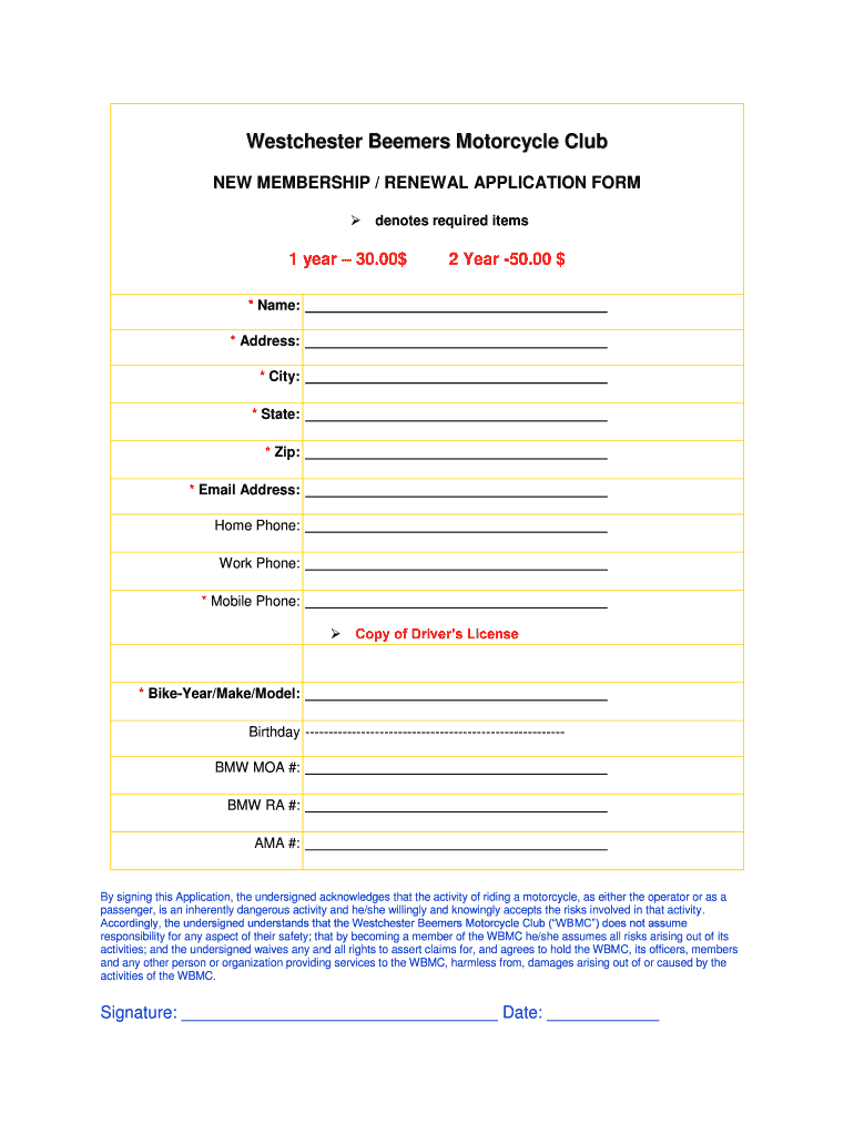 Fillable Online westchesterbeemers Application form - Westchester ...
