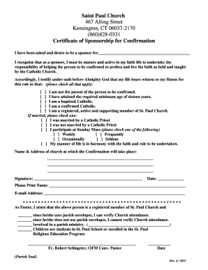 Fillable Online Confirmation / Sponsors St. Paul Roman Catholic Church ...