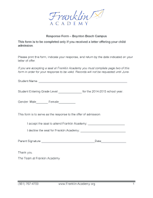 Fillable Online bb franklin-academy Response Form Boynton Beach Campus ...