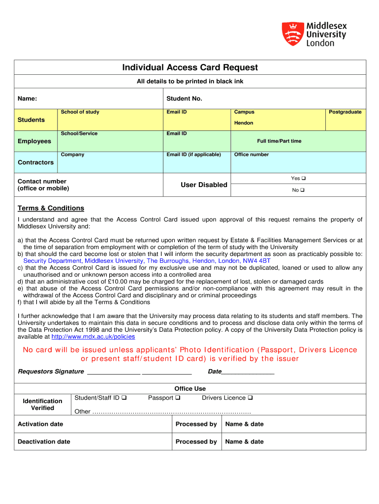 Fillable Online Individual Access Card Request - Middlesex University ...