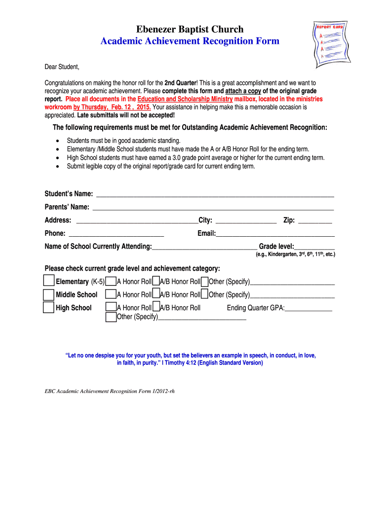 Fillable Online Academic Achievement Recognition Form Fax Email Print ...