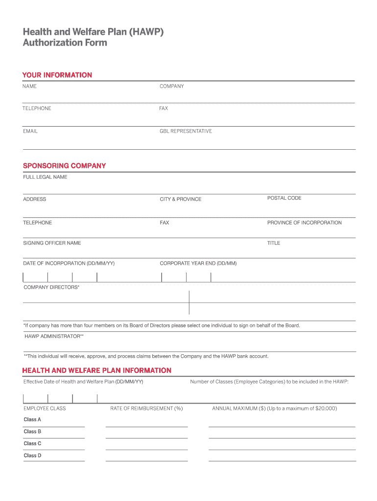 Fillable Online Health and Welfare Plan HAWP Authorization Form Fax ...