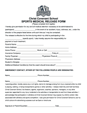 Fillable Online Christ Covenant School SPORTS MEDICAL RELEASE FORM Fax ...