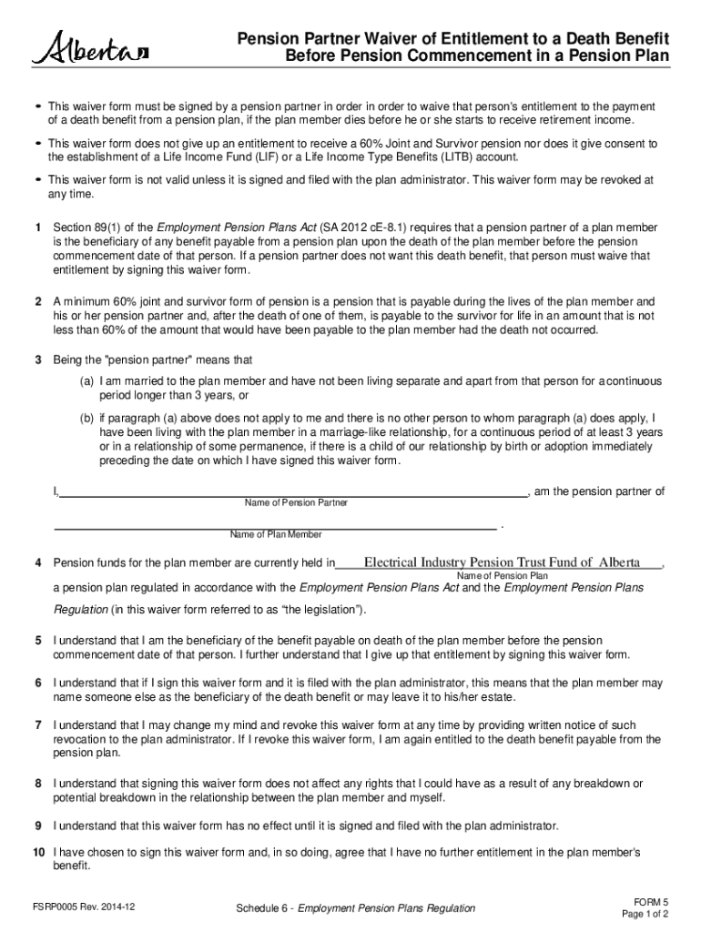 Fillable Online Pension Partner Waiver of Entitlement to a Death ...