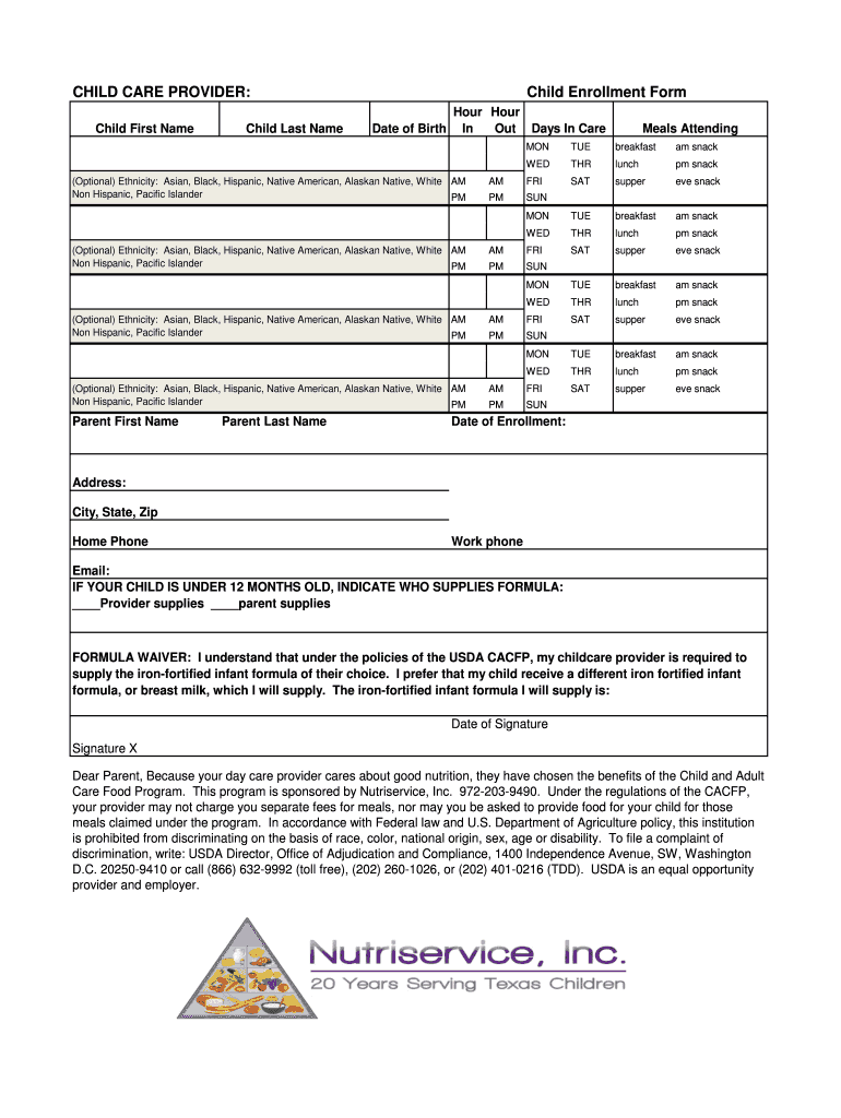 Fillable Online CHILD CARE PROVIDER Child Enrollment Form Fax Email ...