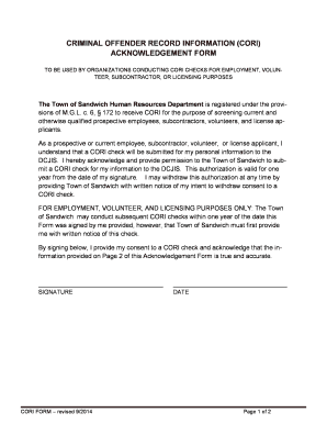 Fillable Online TO BE USED BY ORGANIZATIONS CONDUCTING CORI CHECKS FOR ...