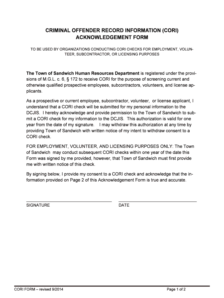 Fillable Online TO BE USED BY ORGANIZATIONS CONDUCTING CORI CHECKS FOR ...