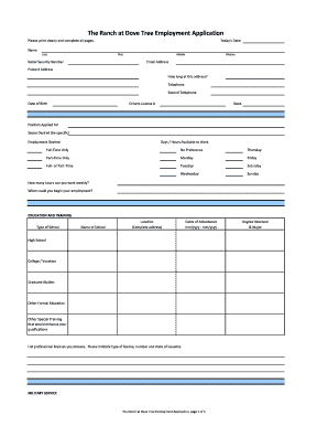 Fillable Online The Ranch at Dove Tree Employment Application Fax Email ...
