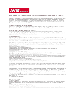 Fillable Online AVIS TERMS AND CONDITIONS OF RENTAL AGREEMENT TO HIRE ...