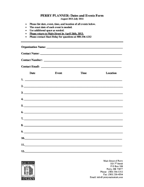 Fillable Online PERRY PLANNER: Dates and Events Form August 2013July ...