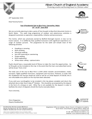 Fillable Online albanacademy Blue Peris Residential Trip Letter - Alban ...