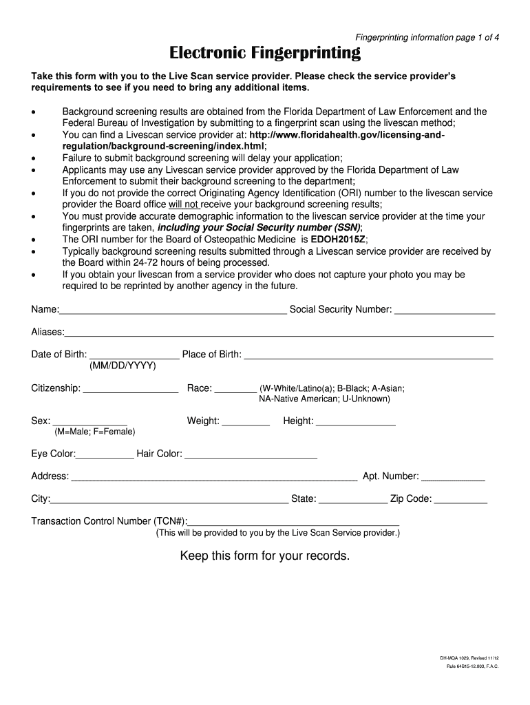 Fillable Online Electronic Fingerprinting bFormb - Florida Board of ...