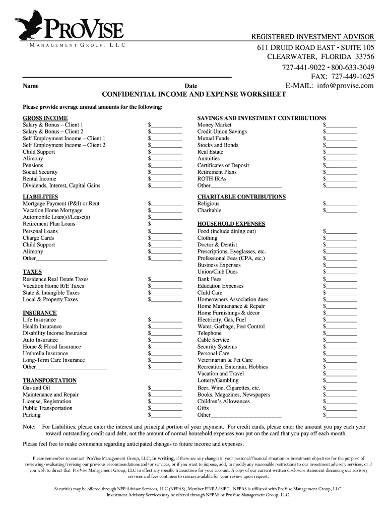 Fillable Online Confidential Income Expense Form - ProVise Management ...