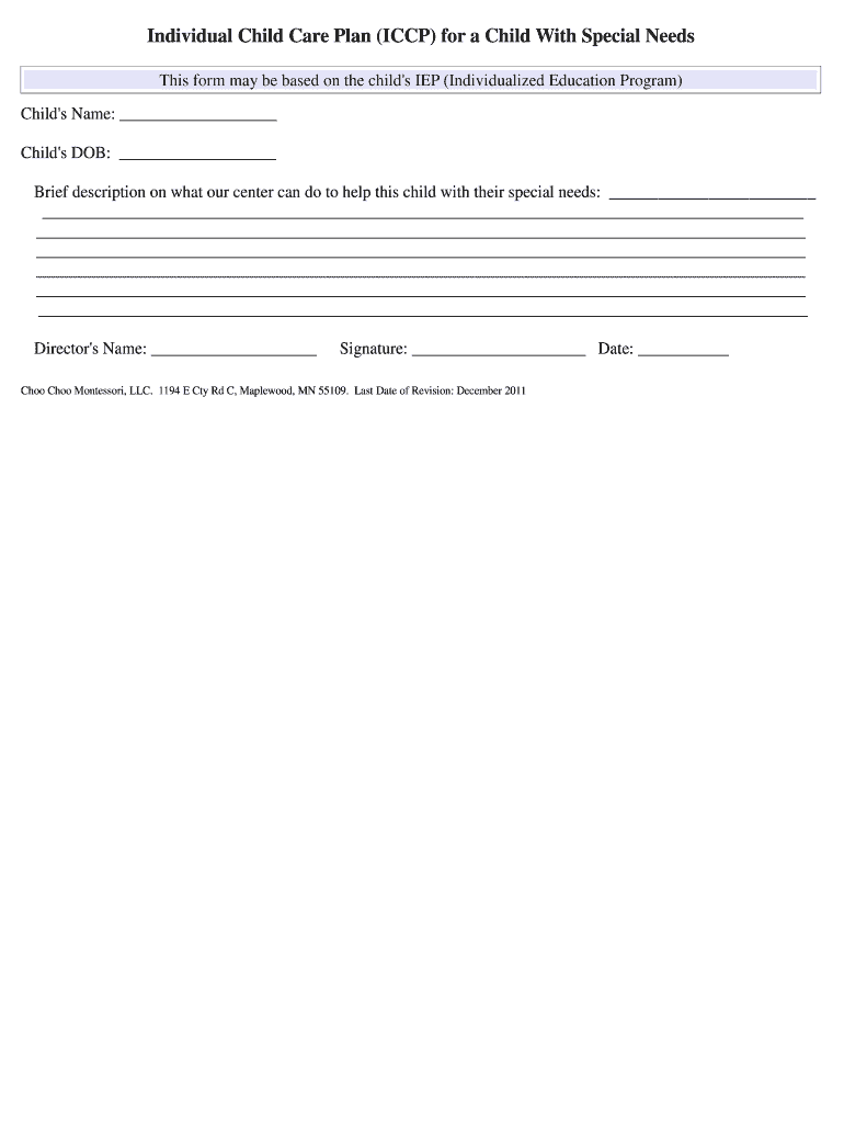 Fillable Online Individual Child Care Plan ICCP for a Child With ...