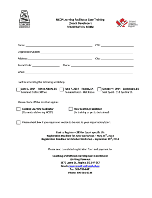 Fillable Online saskcoach NCCP Core LF Training - 2014 Registration ...