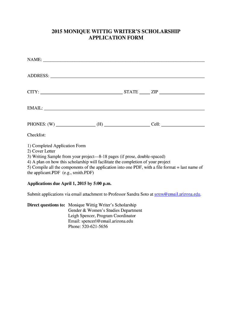 Fillable Online lgbtq arizona 2015 MONIQUE WITTIG WRITERS SCHOLARSHIP ...