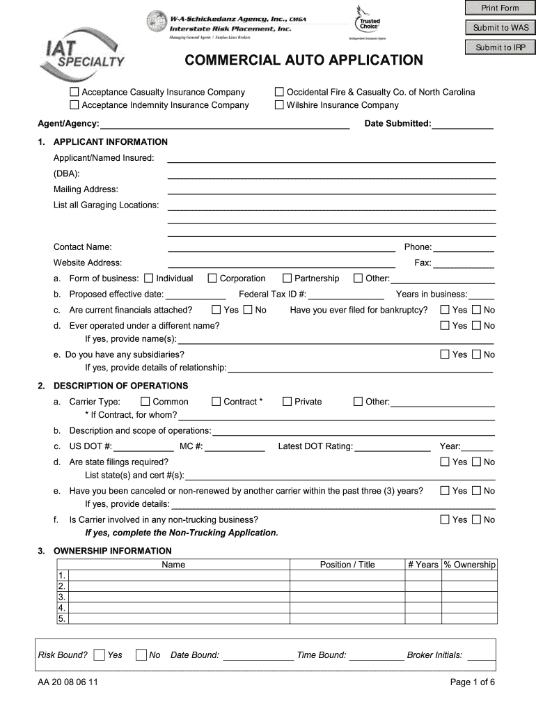 Fillable Online COMMERCIAL AUTO APPLICATION - Interstate Risk Placement ...