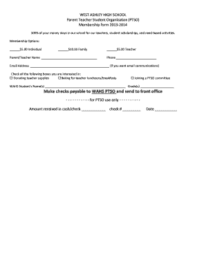 Fillable Online PTSO Membership Form - West Ashley High School Fax ...