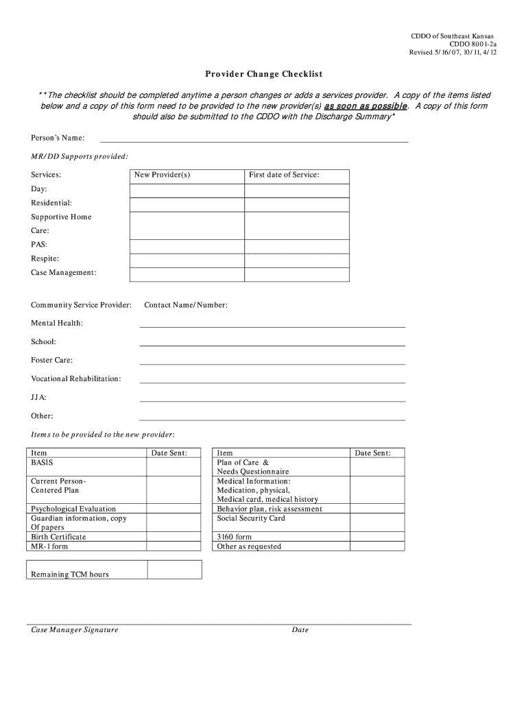 Fillable Online cddosek Provider Change Checklist - bcddosekbborgb Fax Email Print - pdfFiller