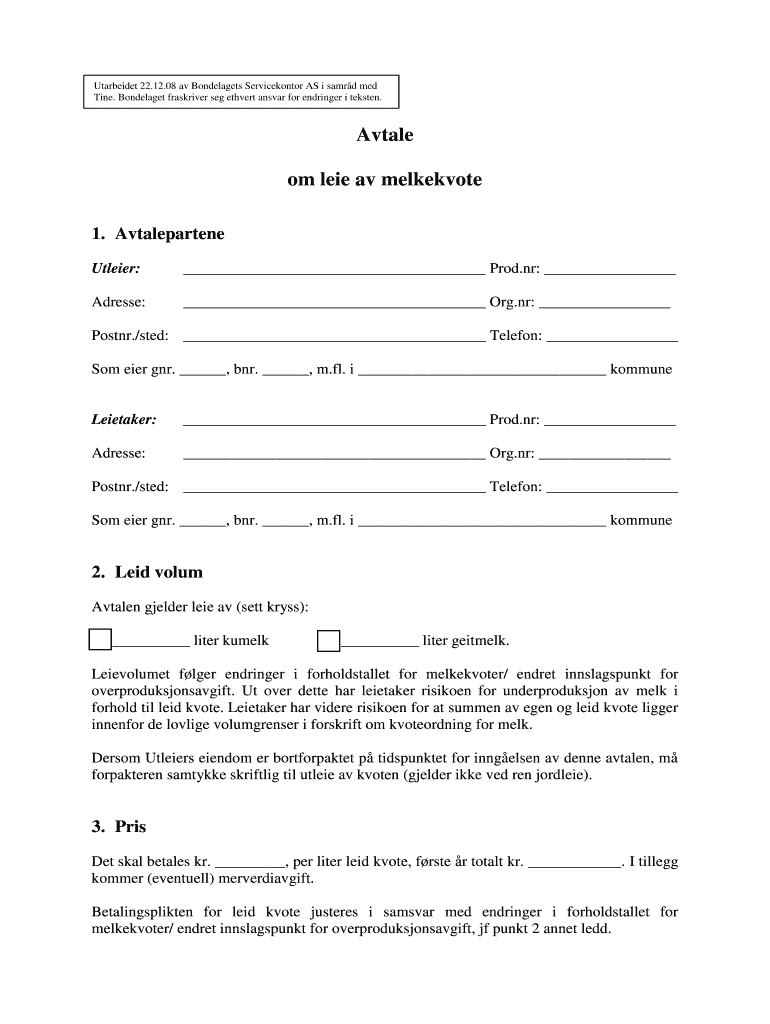 Avtale om leie av melkekvote: Fill out & sign online | DocHub