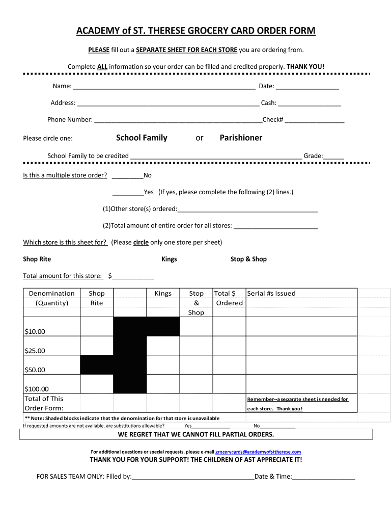 Fillable Online ACADEMY of ST THERESE GROCERY CARD ORDER FORM Fax Email ...