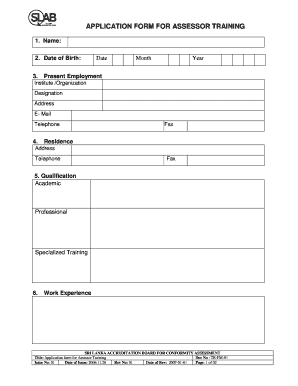 Fillable Online slab APPLICATION FORM FOR ASSESSOR TRAINING - slablk ...
