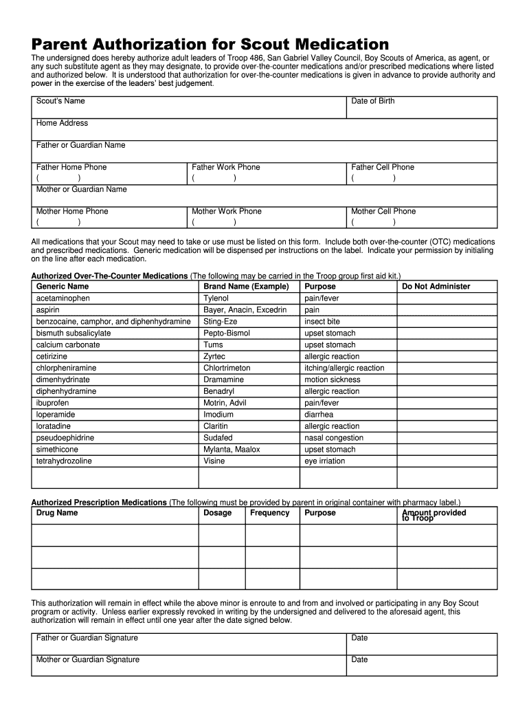 Fillable Online Parent Authorization for Scout Medication Fax Email ...